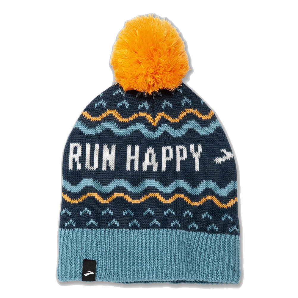 Brooks Heritage Pom Beanie - Storm Blue Run Happy – The Running Outlet